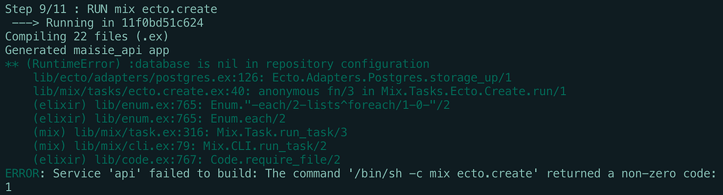 Docker-compose elixir phoenix application with postgres error on build ...