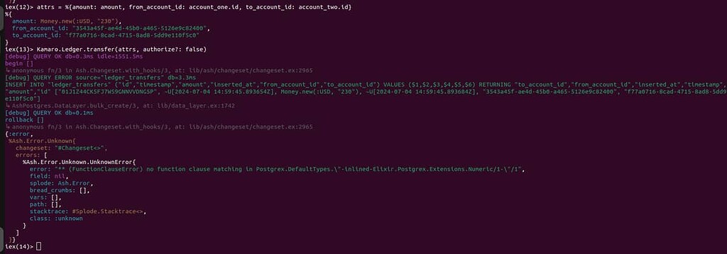 Ash_double_entry Transfer - How to fix " no function clause matching in Postgrex.DefaultTypes ...